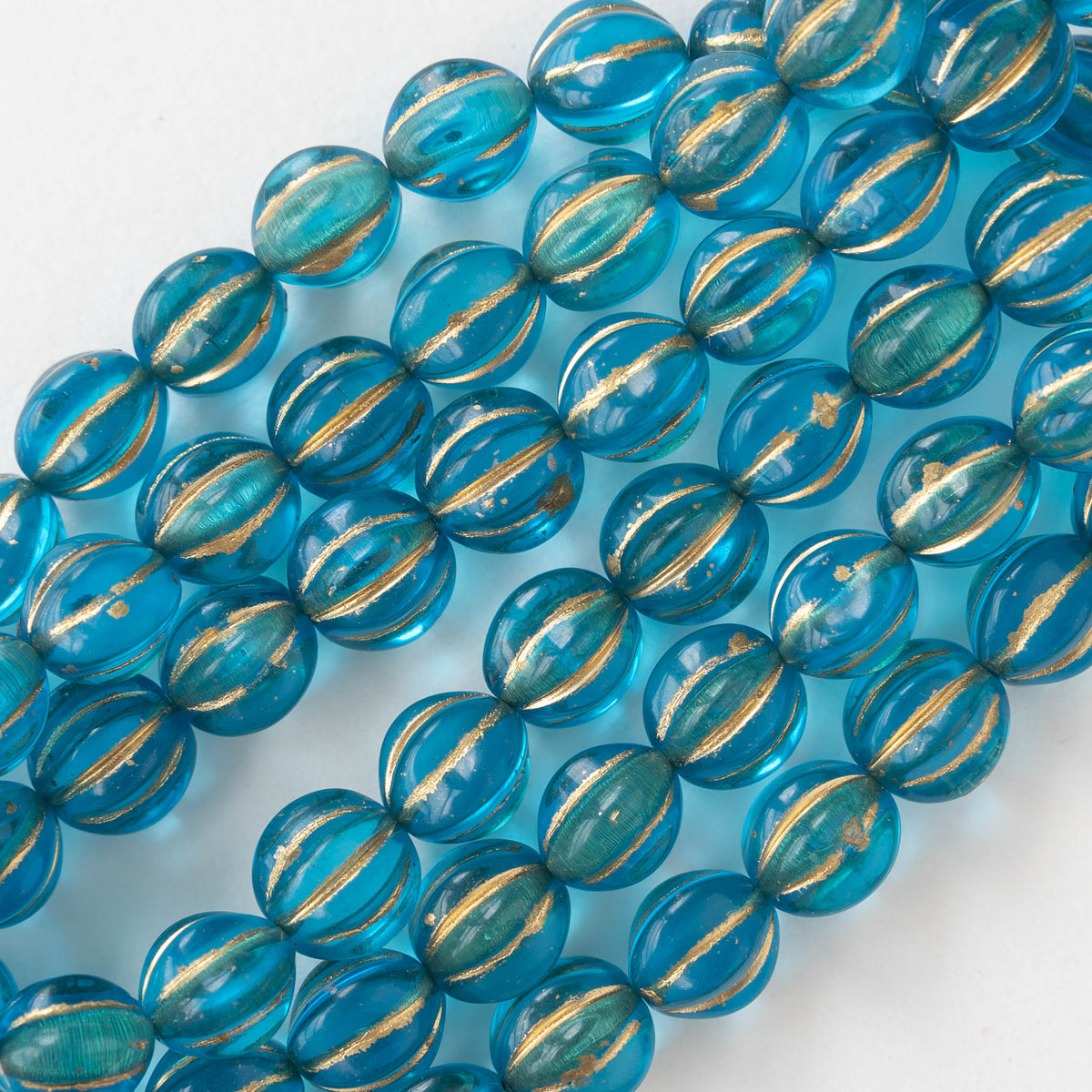 10mm Glass Melon Beads - Teal with Gold Wash - 25 beads – funkyprettybeads