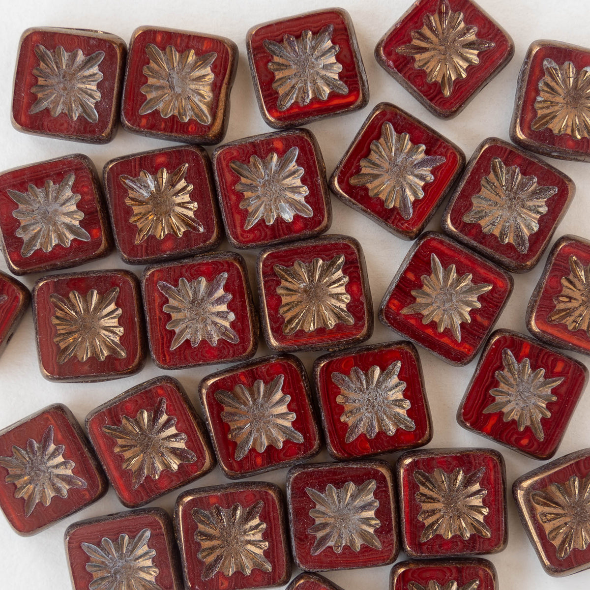 9mm Glass Tile Beads - Opaque Red with Square Spiral - Czech Glass ...