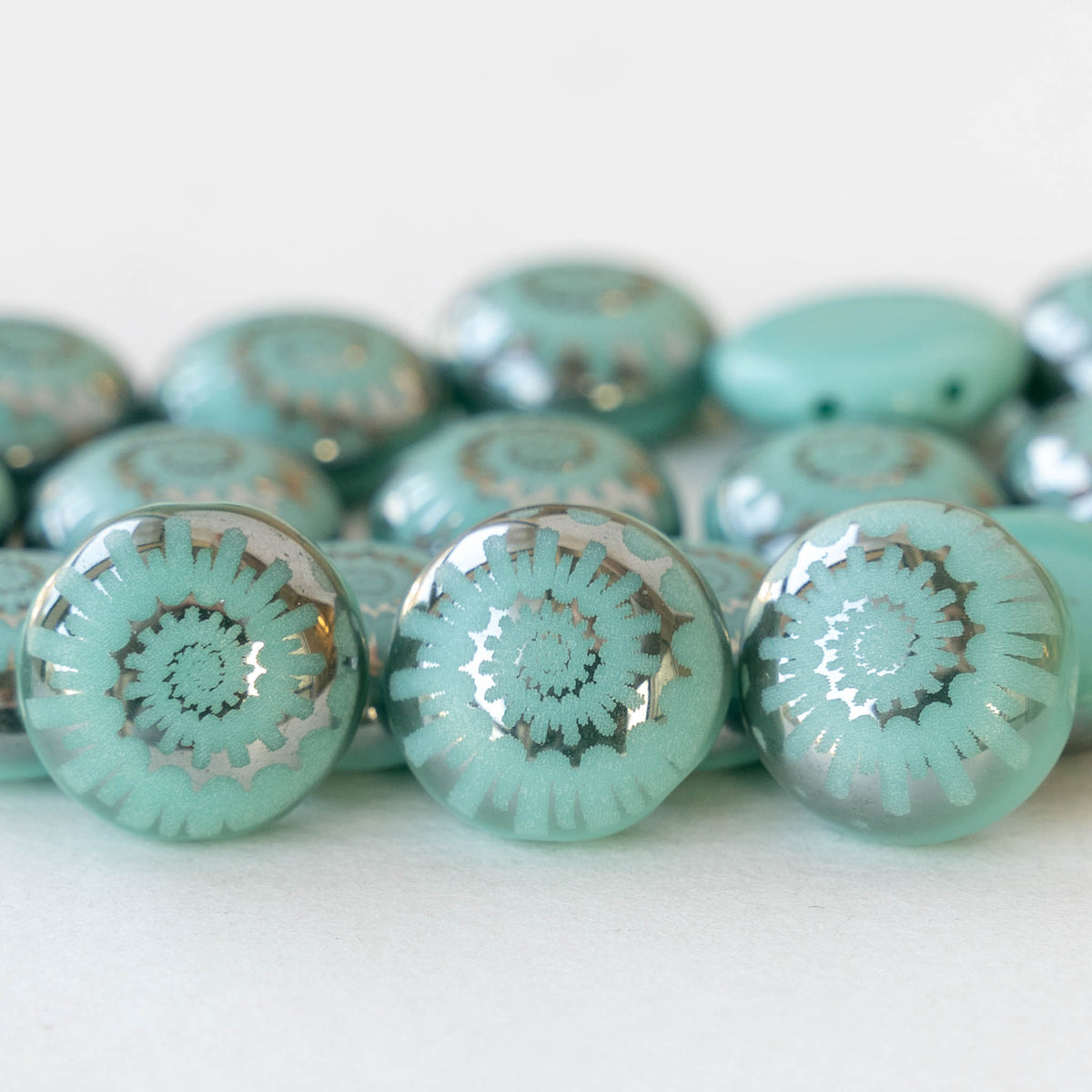 12mm 2-Hole Spiral Coin Beads - Opaque Turquoise with Silver Spiral ...