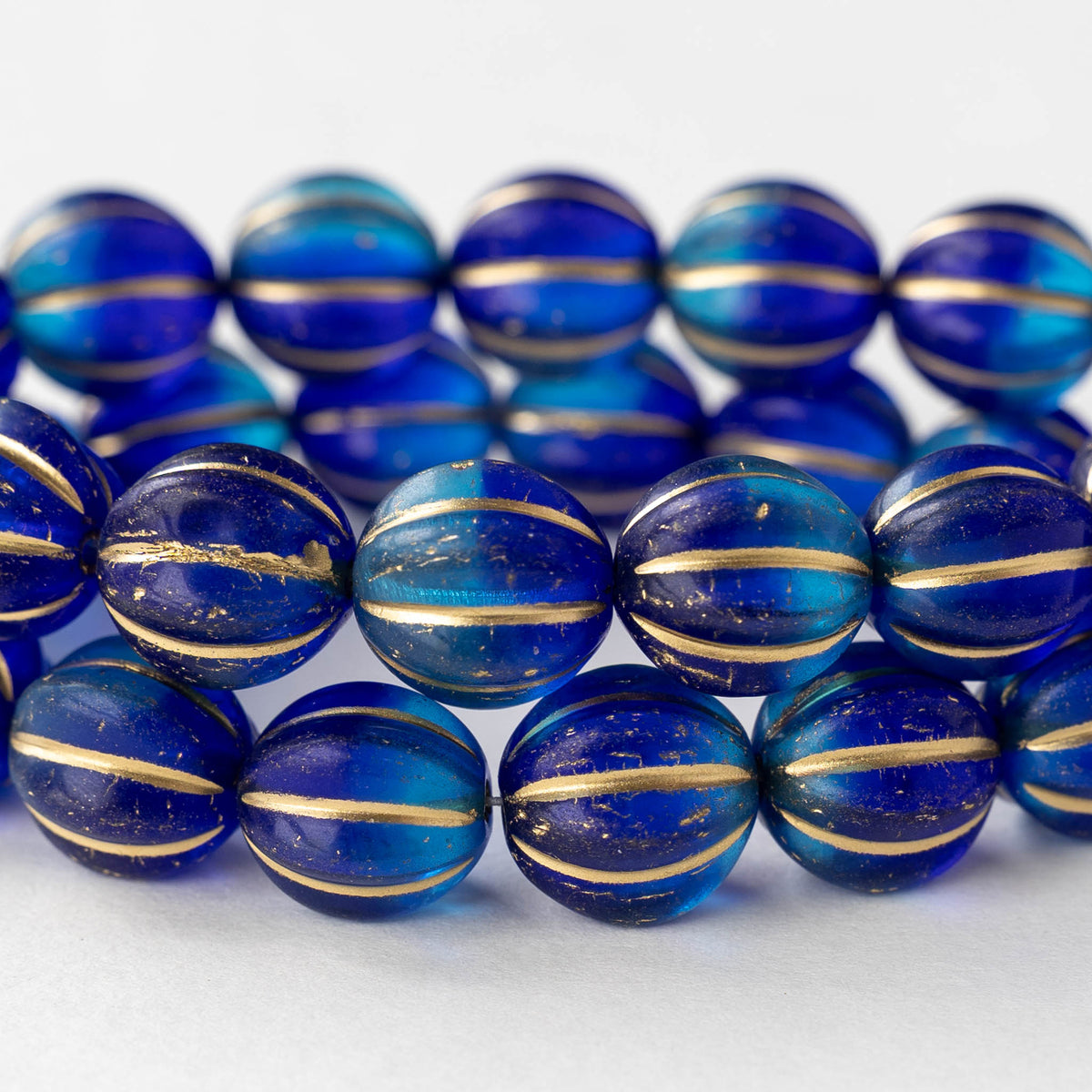 12mm Glass Melon Bead - Blue Mix with Gold Wash - 10 or 20 beads ...