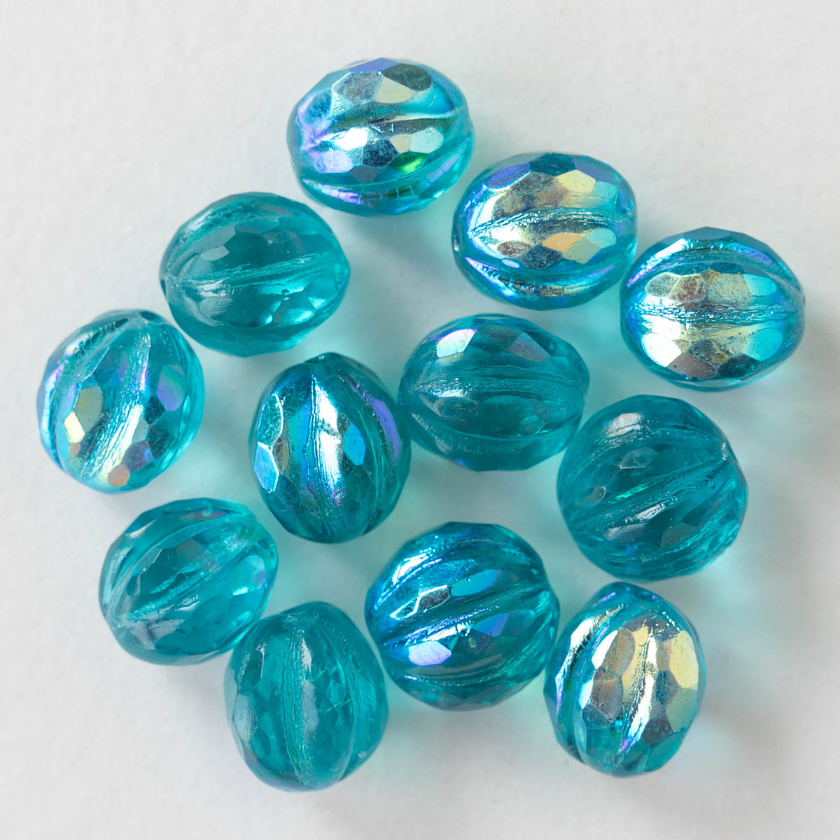 10mm Faceted Round Melon Beads - Teal with AB - 12 beads – funkyprettybeads