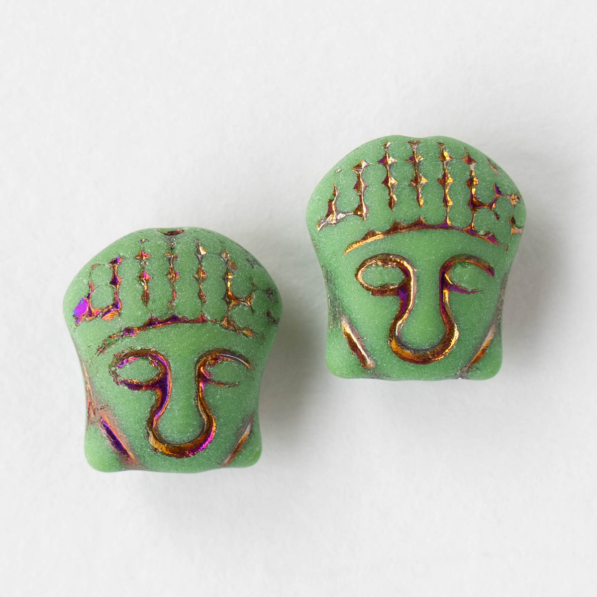 Glass Buddha Head Beads - Matte Green with Iris Wash - 4 beads ...