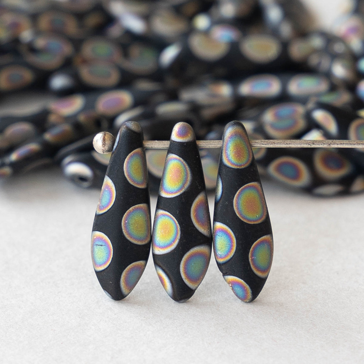 16mm Dagger Beads - Black Matte with Vitrail Dots - 50 beads ...