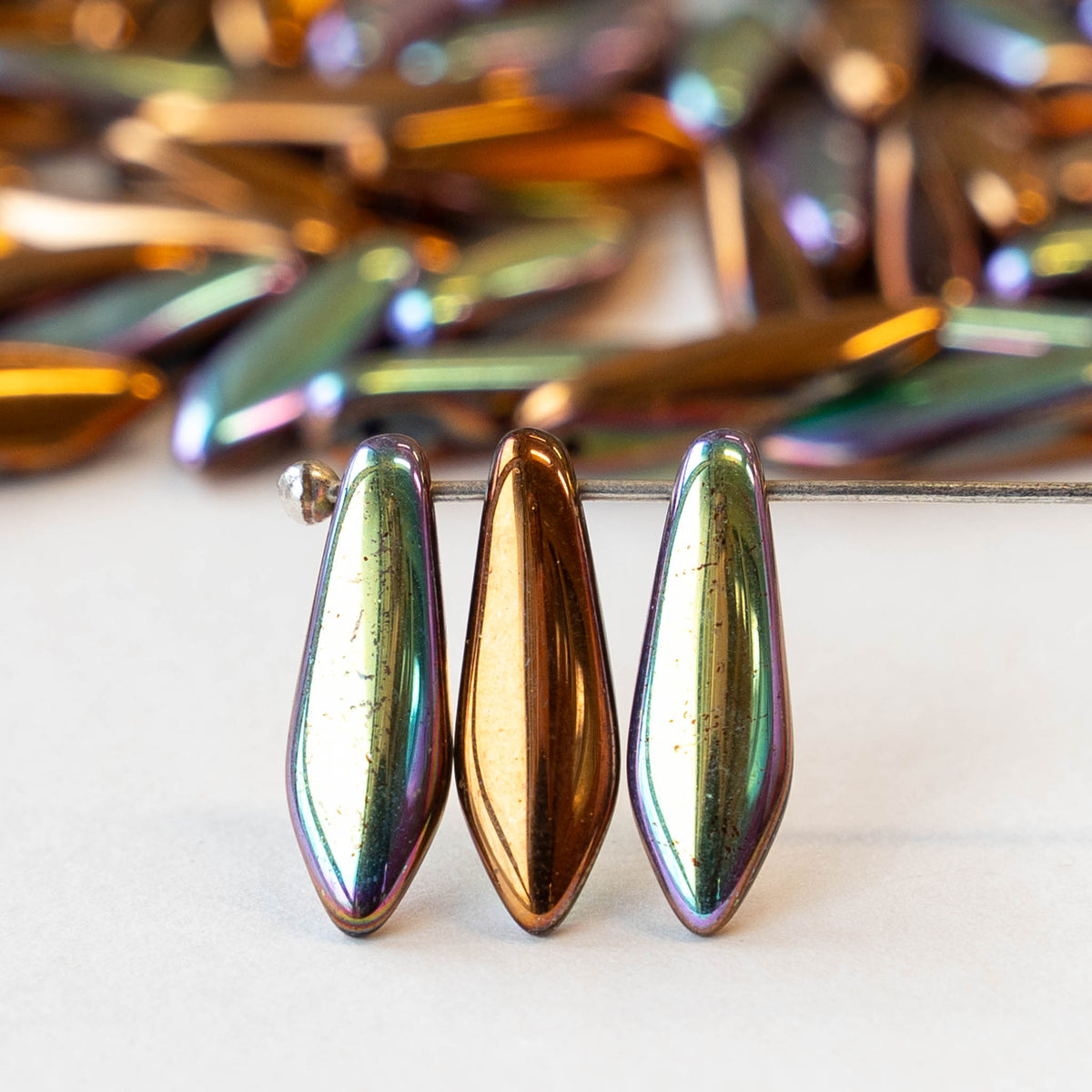 16mm Glass Dagger Beads - Metallic Bronze Iris - 50 Beads ...