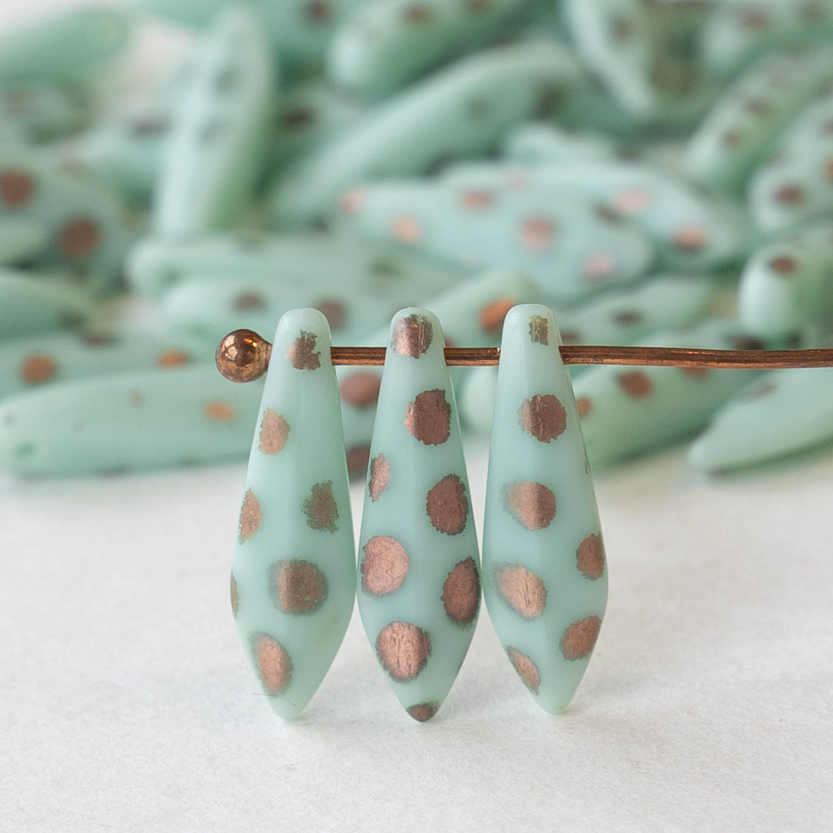 16mm Dagger Beads - Opaque Mint with Copper Dots - 50 beads ...