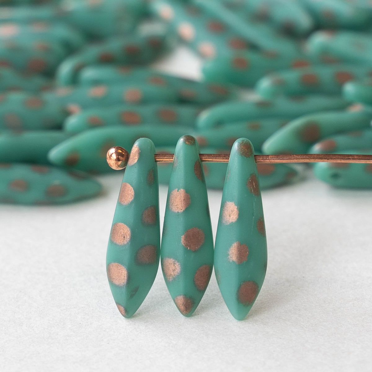 16mm Dagger Beads - Opaque Teal with Copper Dots - 50 beads ...