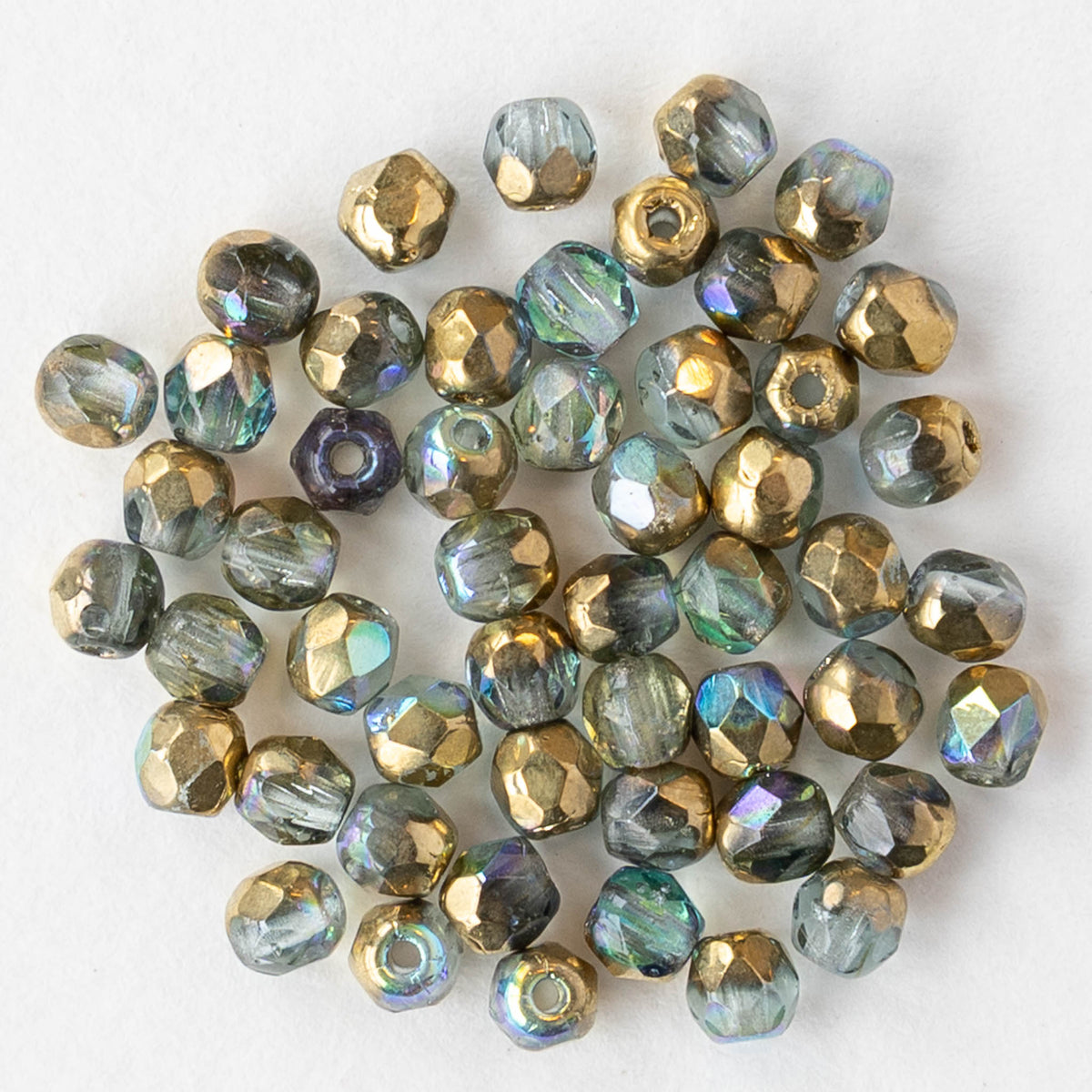 3mm Firepolished Round Beads - Blue Green with Gold Luster AB - 50 Bea ...