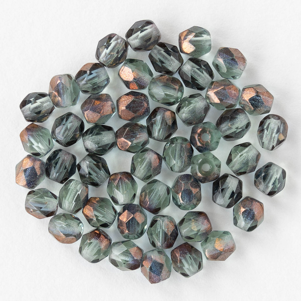 4mm Round Faceted Glass Beads - Tourmaline Green with Bronze - 50 Bead ...