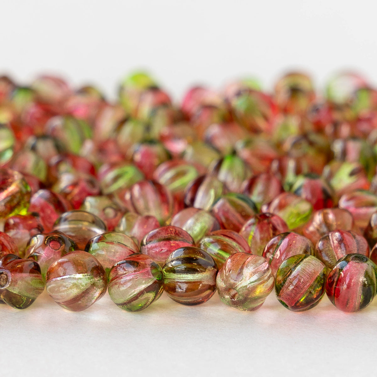 6mm Glass Melon Bead - Transparent Watermelon Pink and Green - 50 Bead ...