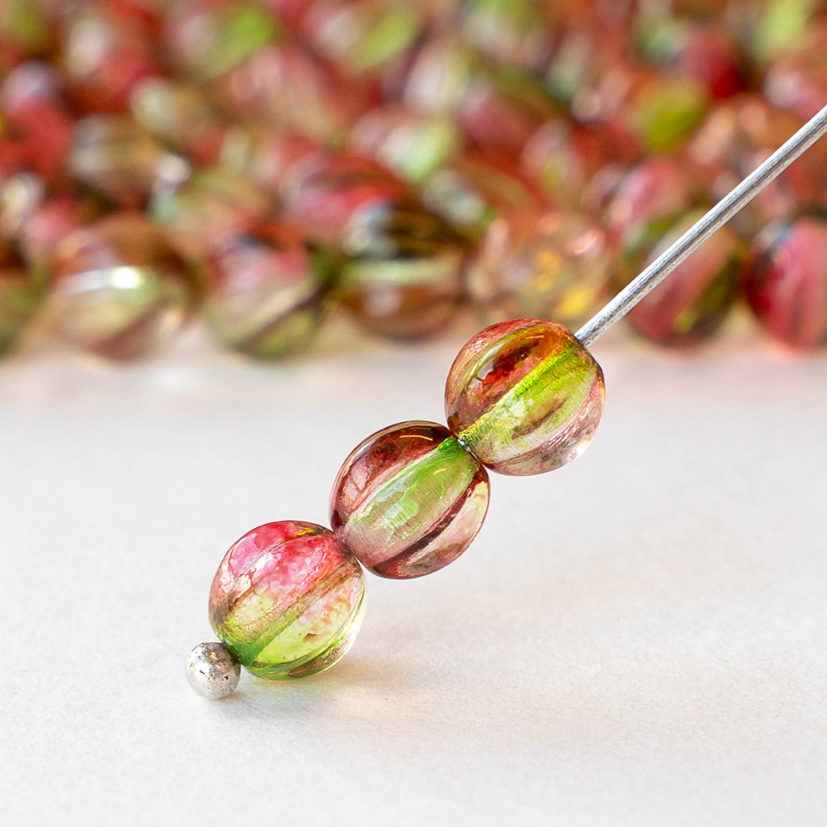 6mm Glass Melon Bead - Transparent Watermelon Pink and Green - 50 Bead ...