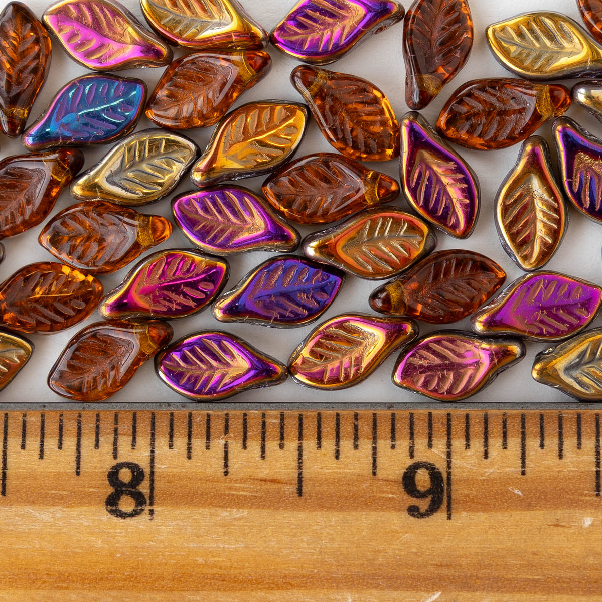 12mm Glass Leaf Beads - Gold Iris - 25 leaves – funkyprettybeads