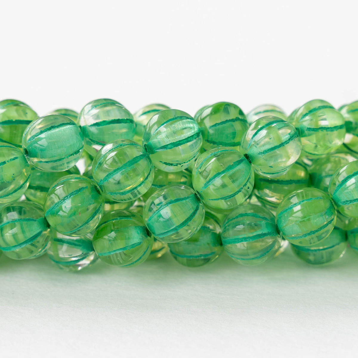 8mm Glass Melon Bead - Transparent Green with Green Wash - 20 Beads ...