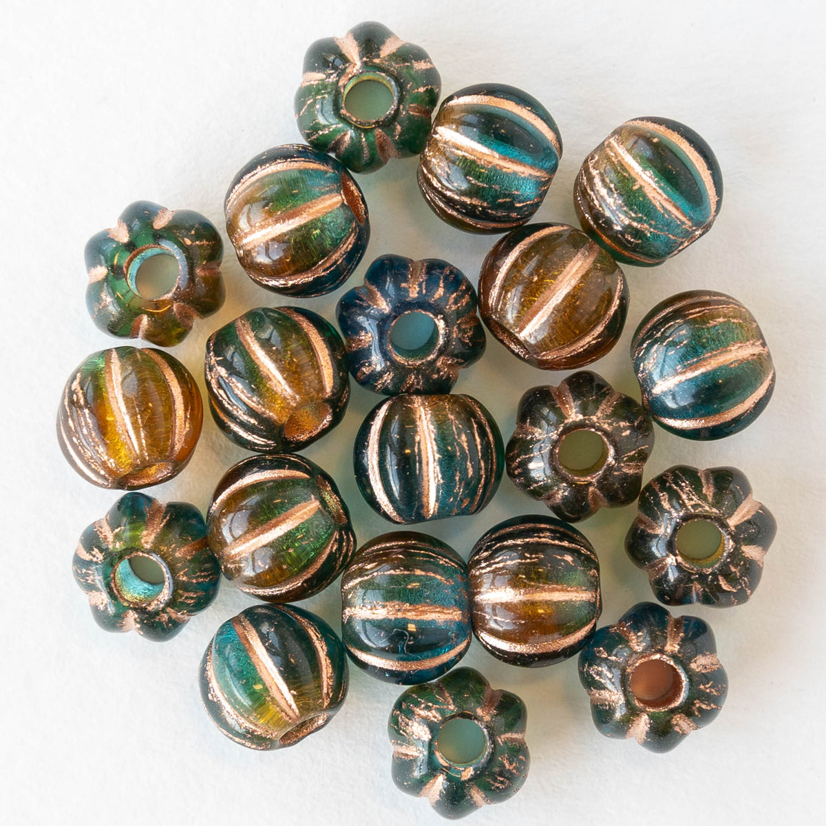 8mm Melon Bead - Teal Amber Mix with Copper Wash - Large Hole - 20 bea ...