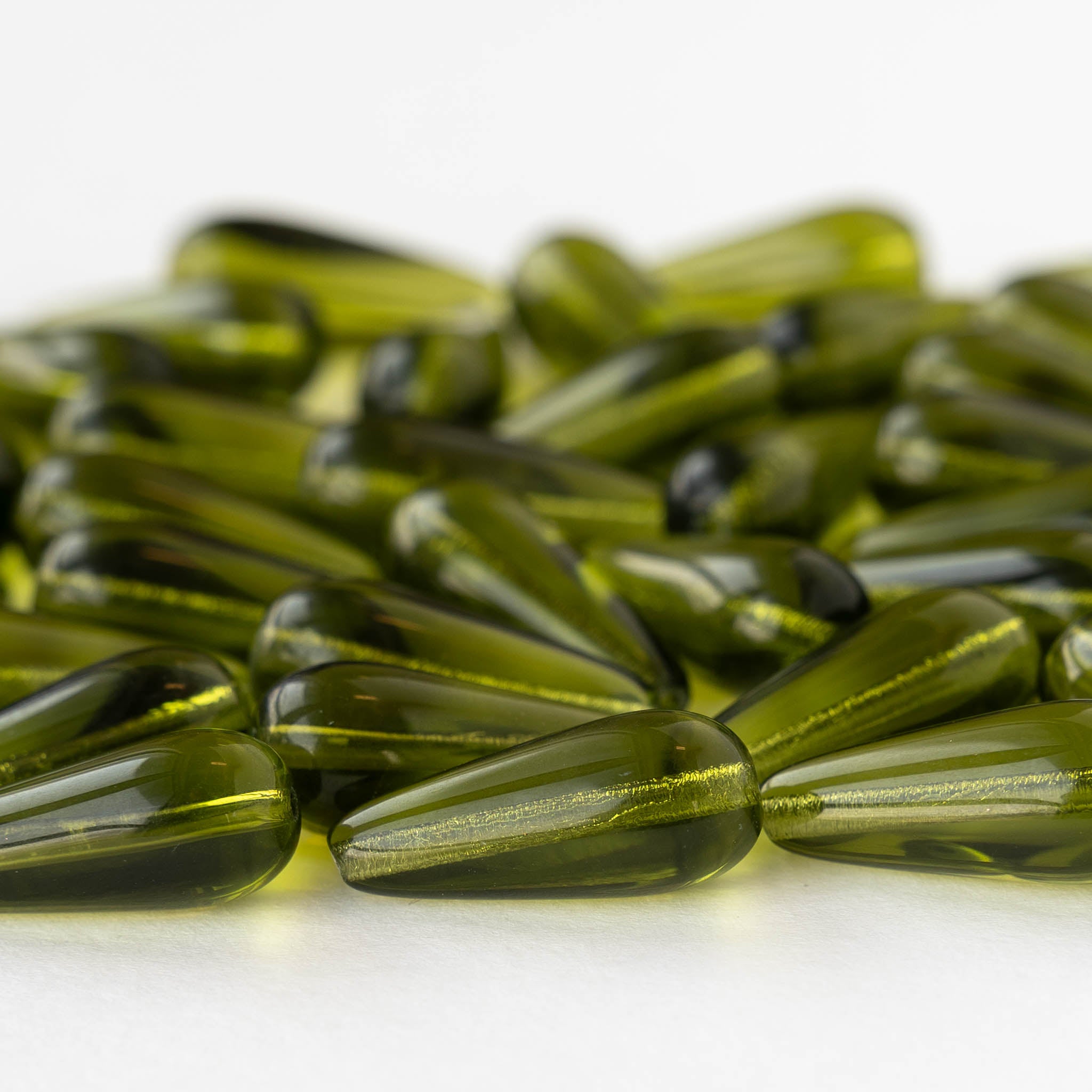 9x20mm Long Drilled Drops - Transparent Olivine Green - 20 Beads ...